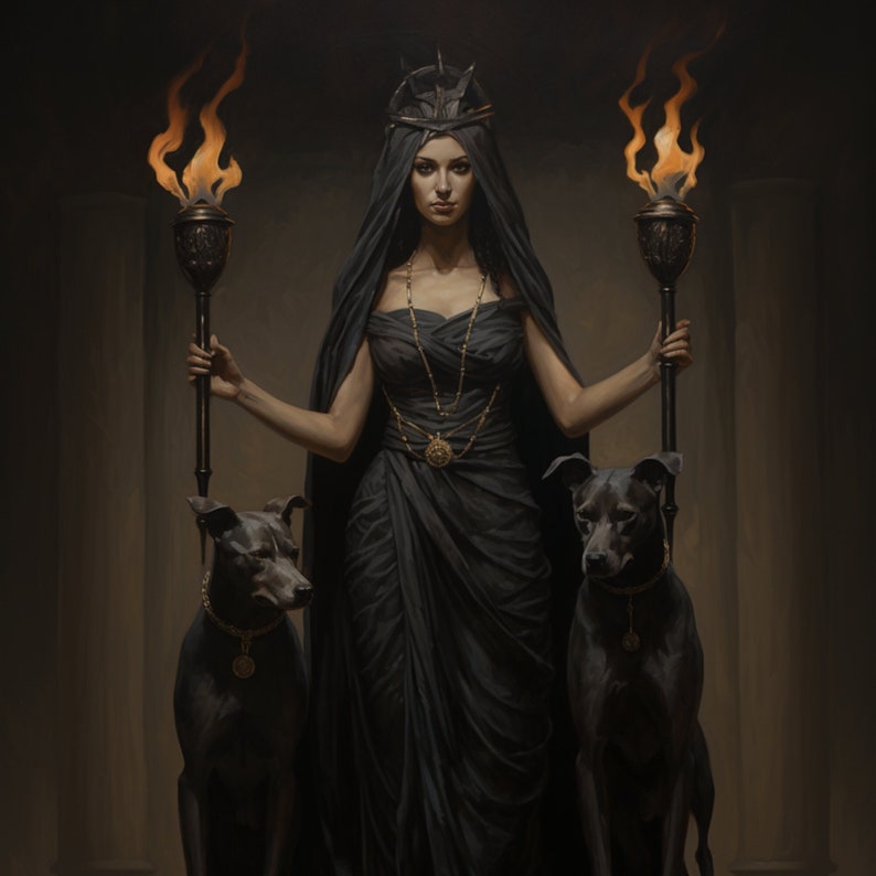 Triple diosa Hecate con perros y antorchas PNG descarga digital, Hekate ...