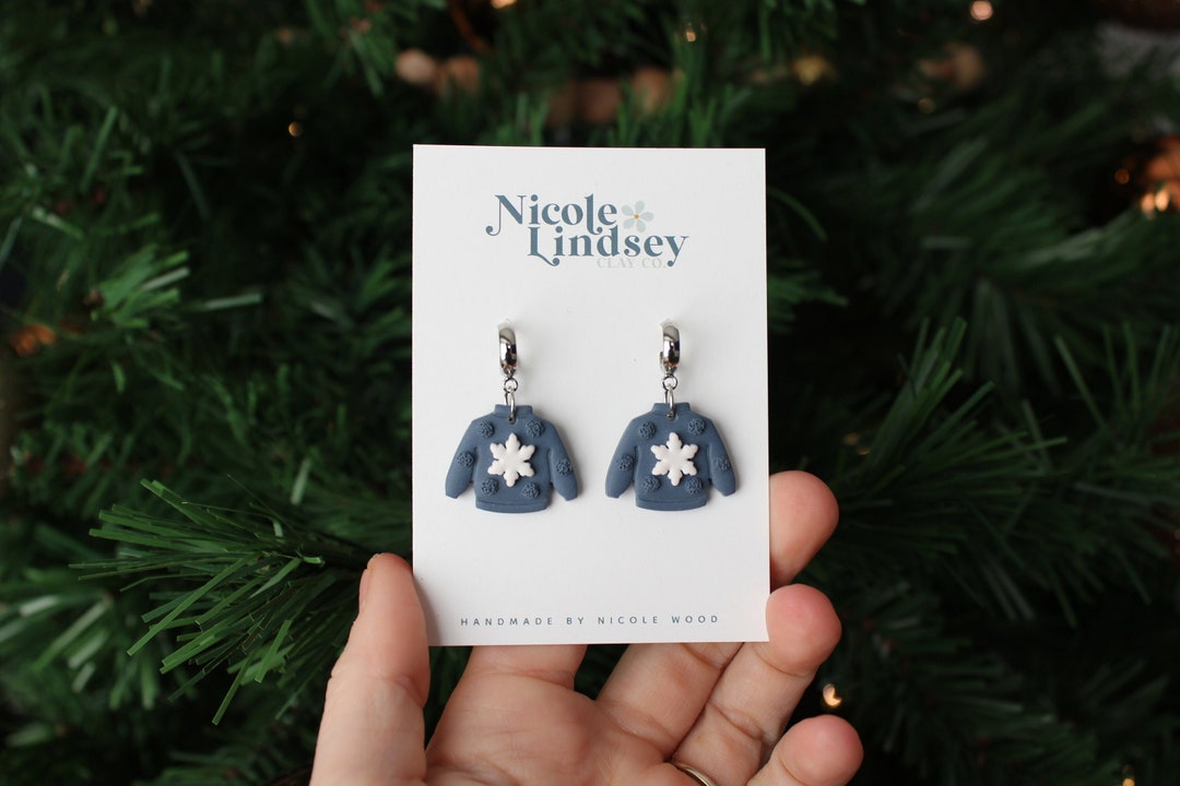 Pom Pom Christmas Sweater Open Hoop Earrings Polymer Clay - Etsy