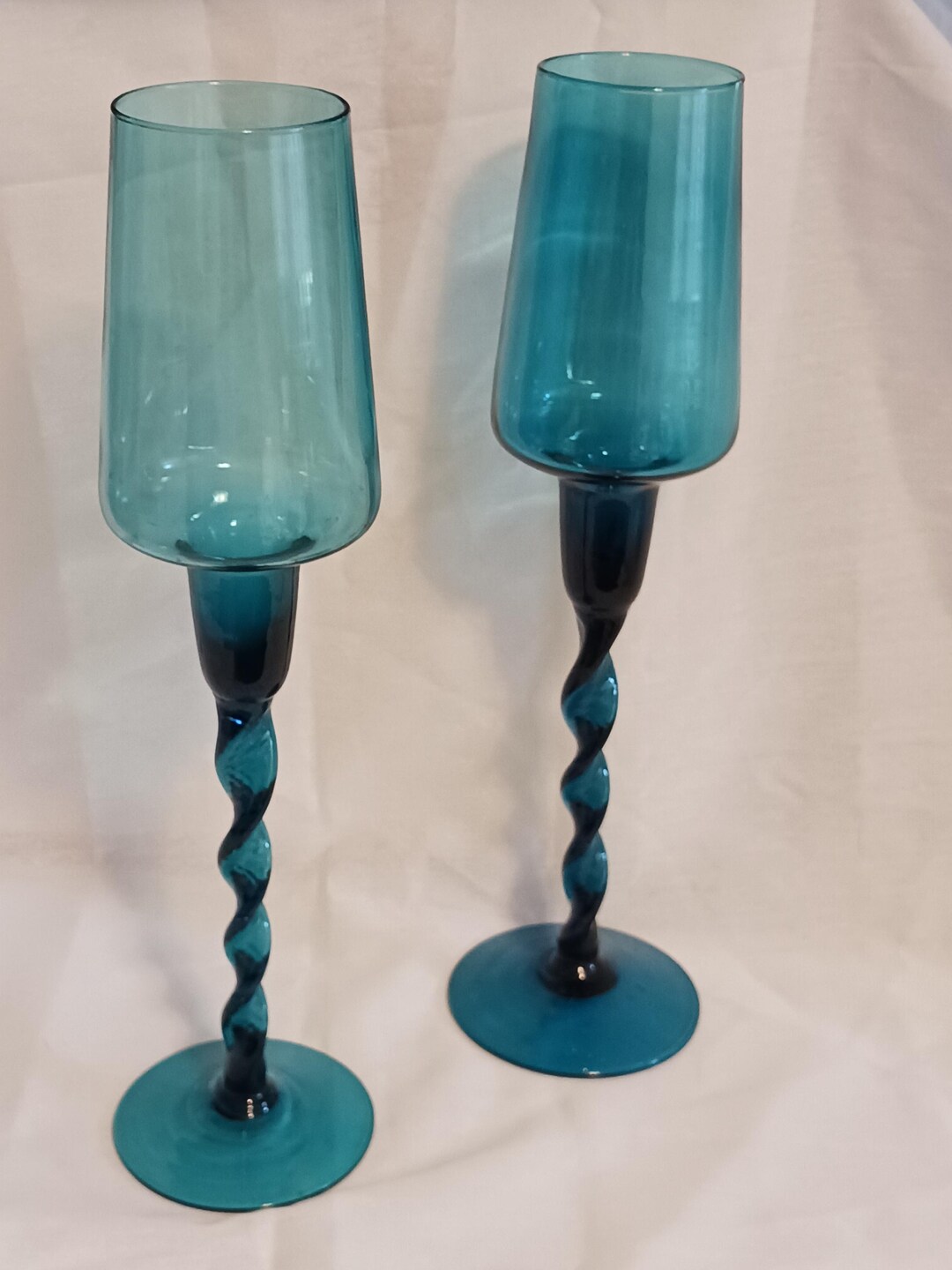 Vintage 12" Pair (2) Empoli Turquoise Blue Twisted Stem Candle Votive ...