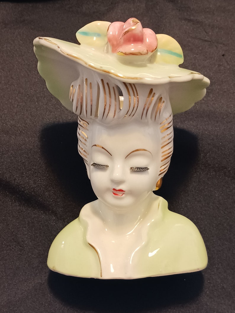 Vintage Thames Green Hat Victorian Lady Ceramic Collectible Head Vase ...