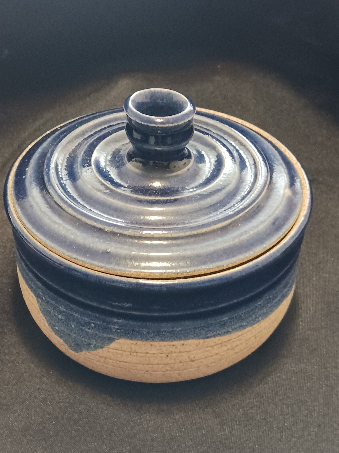 Vintage 4" Signed Blue Drip Glaze Stoneware Pottery Lidded Sugar Bowl ...