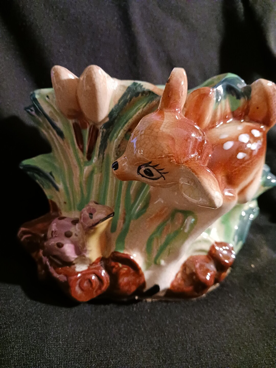 Vintage Fawn "bambi" and Frog Ceramic Planter / Pencil Holder - Etsy