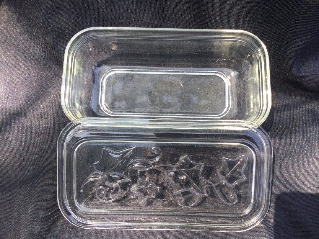 Vintage Hazel Atlas (2) Piece Lidded Glass Refrigerator Dish Etched Ivy ...