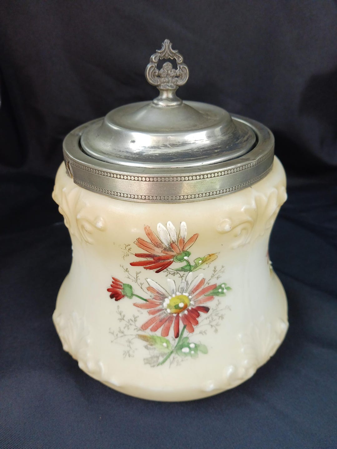 Antique 1800's Van Bergh Silverplate Lidded Milk Glass Hand Painted ...