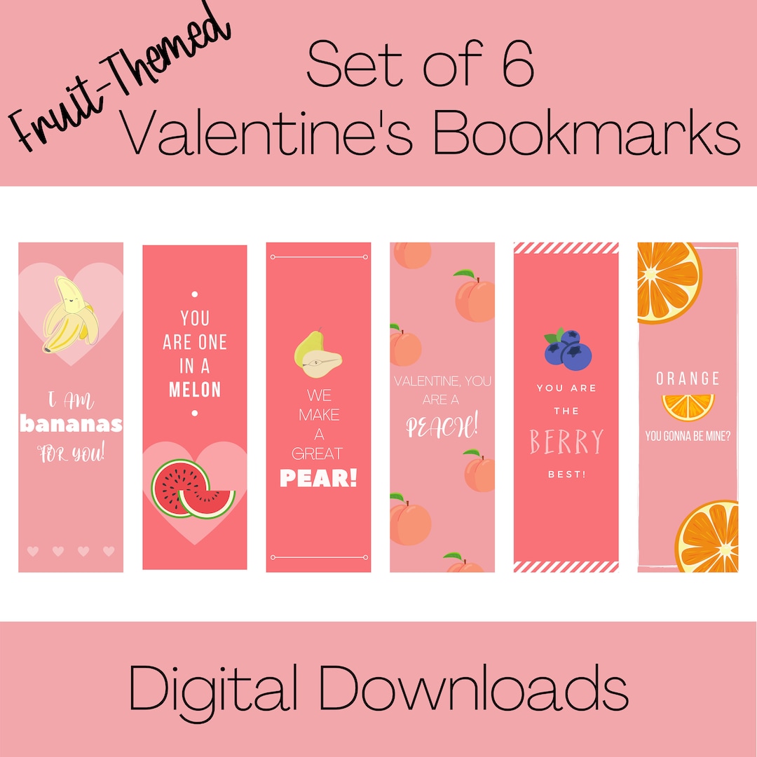 Valentine's Day Bookmarks With Fruit Puns | Set of 6 | Digital Download ...