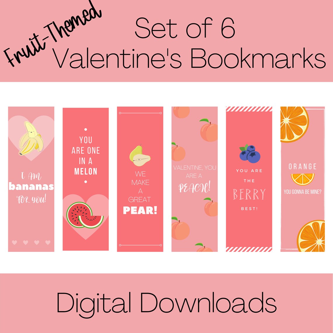 Valentine's Day Bookmarks With Fruit Puns | Set of 6 | Digital Download ...