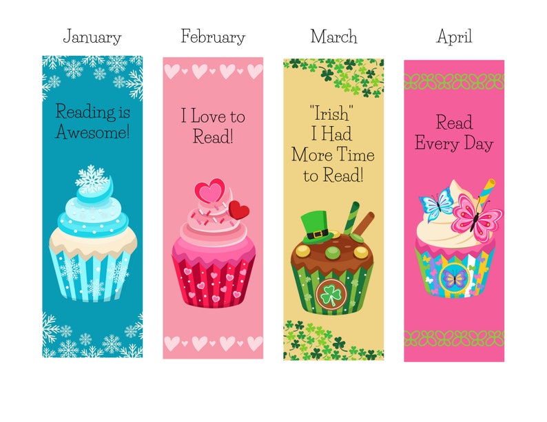 Monthly Cupcake Bookmarks With Reading Quotes - Set of 12 - Digital ...