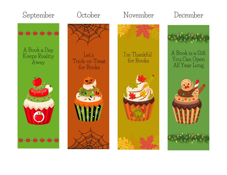 Monthly Cupcake Bookmarks With Reading Quotes - Set of 12 - Digital ...