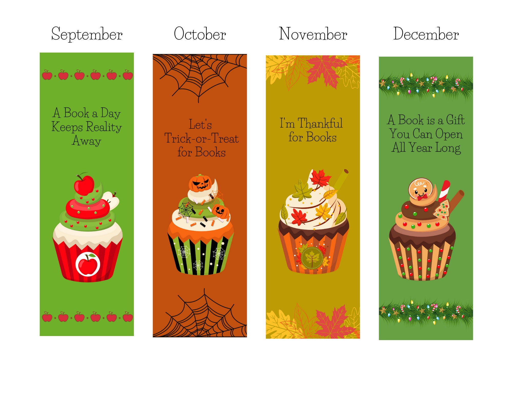 Monthly Cupcake Bookmarks With Reading Quotes Set of 12 Digital ...