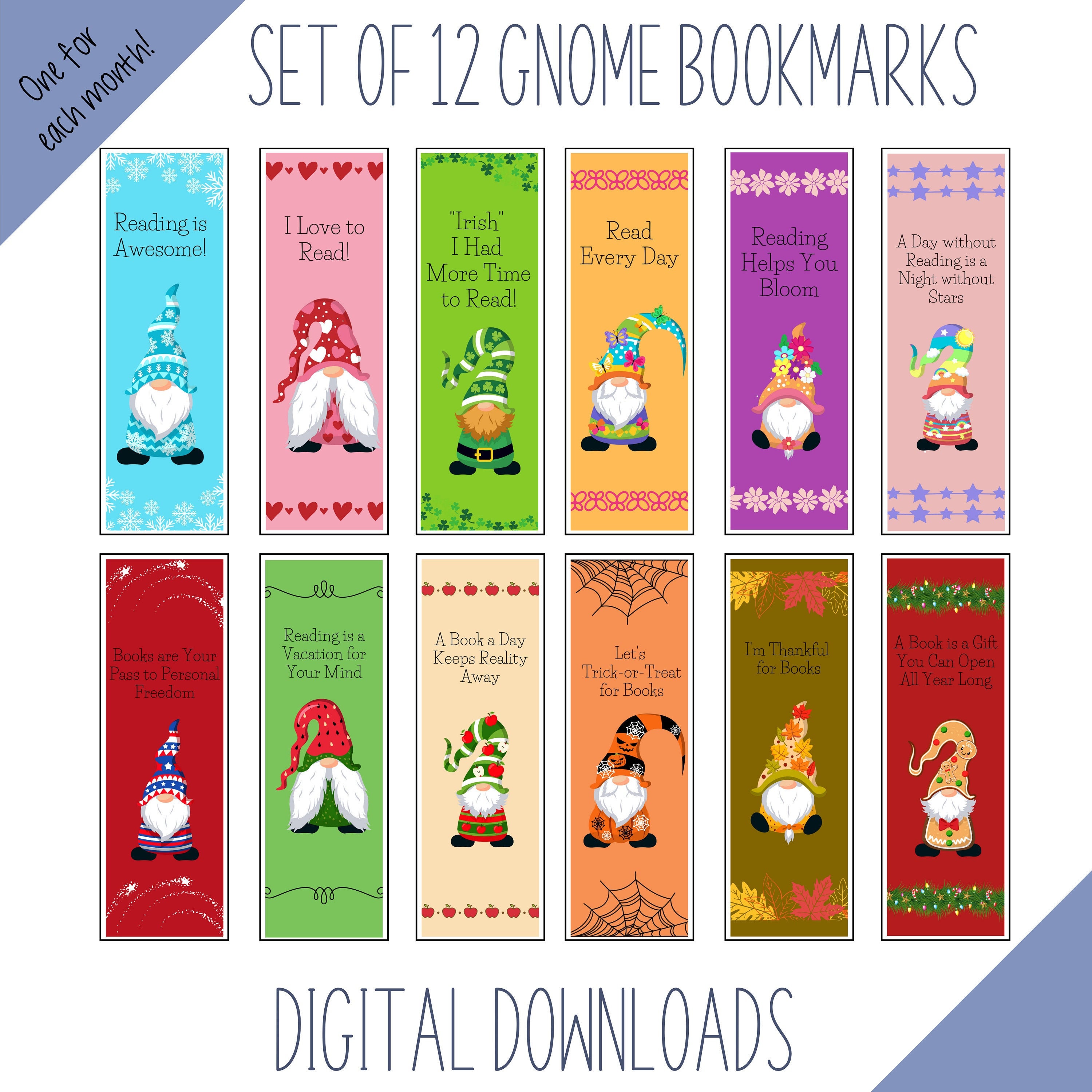Monthly Gnome Bookmarks With Reading Quotes - Set of 12 - Digital ...