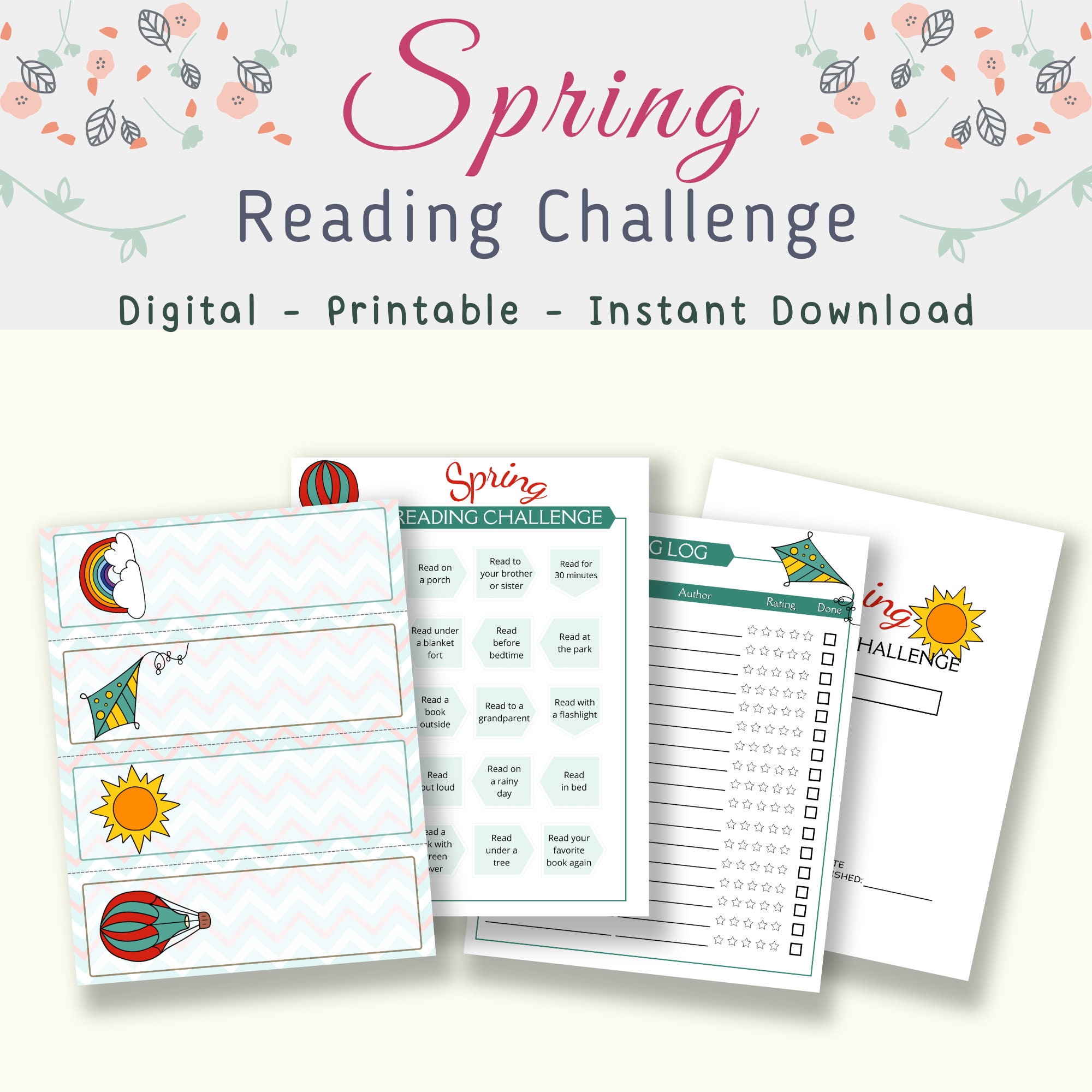 Spring Reading Challenge for Kids - Reading Log - Spring Bookmarks ...