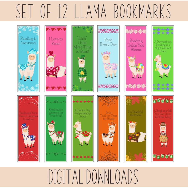 Monthly Llama Bookmarks With Reading Quotes - Set of 12 - Digital ...