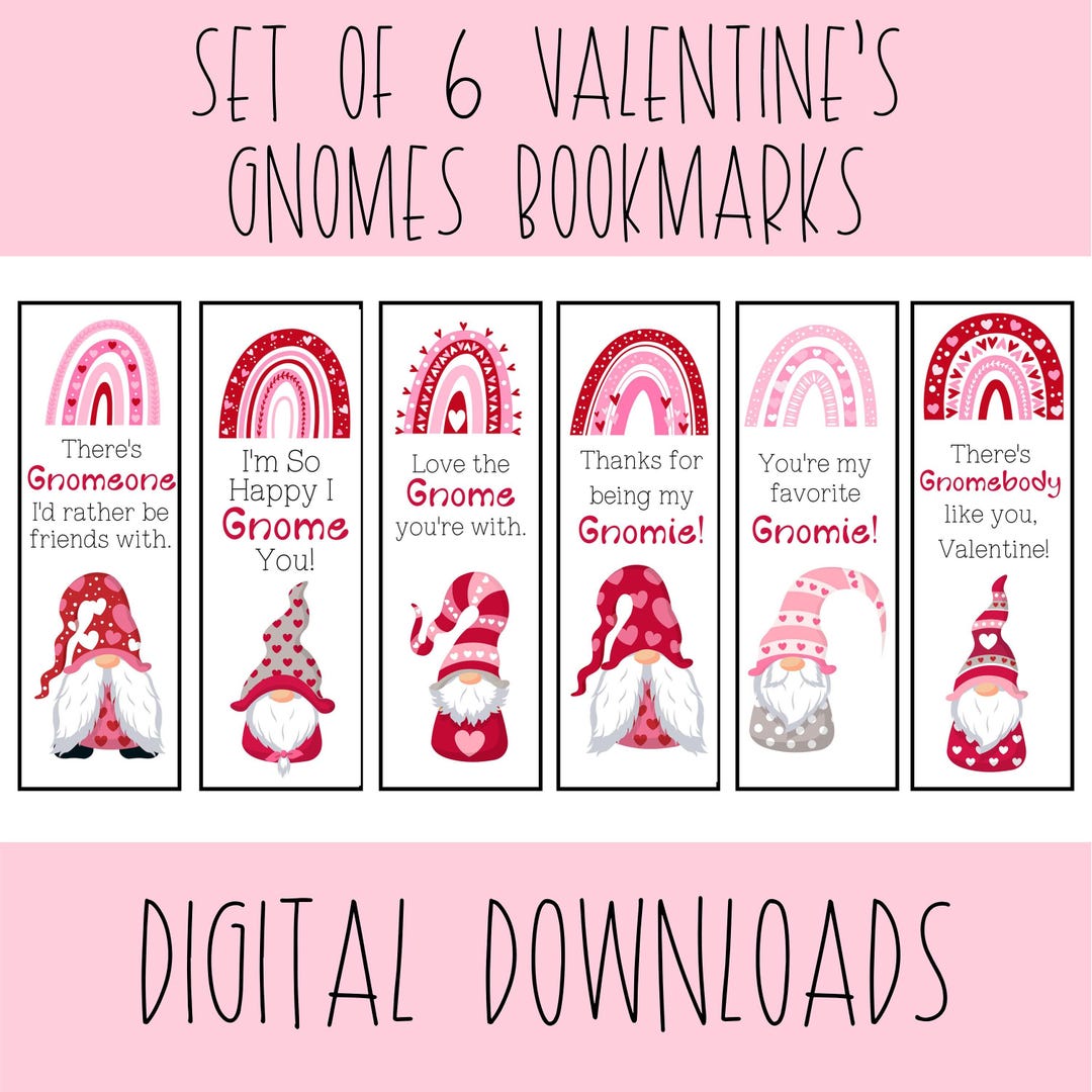 Set of 6 Valentine’s Gnome Bookmarks With Reading Quotes Printable ...