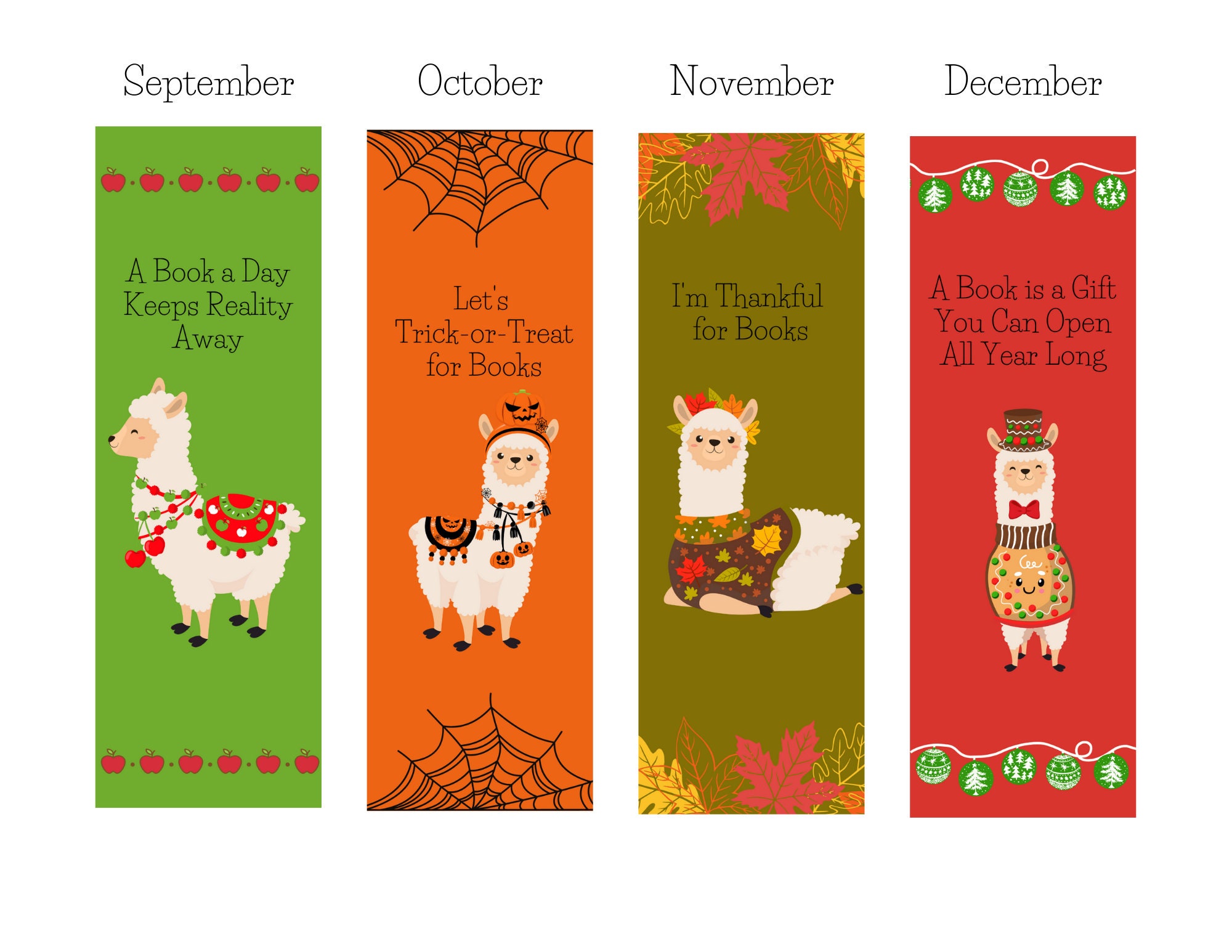 Monthly Llama Bookmarks With Reading Quotes - Set of 12 - Digital ...