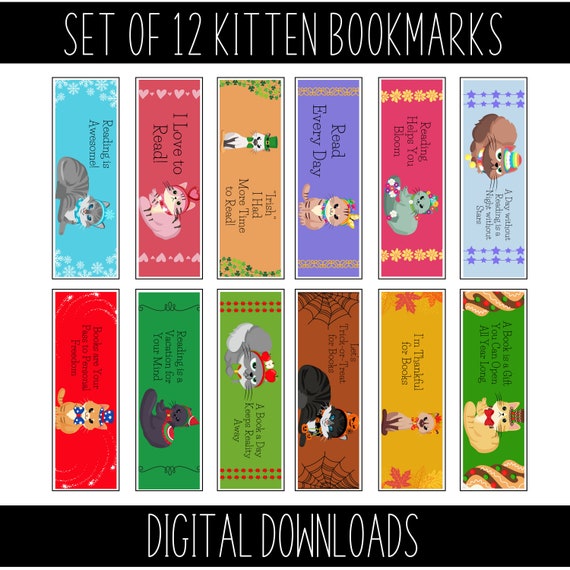 Monthly Kitten Bookmarks with Reading Quotes Set of 12 | Etsy
