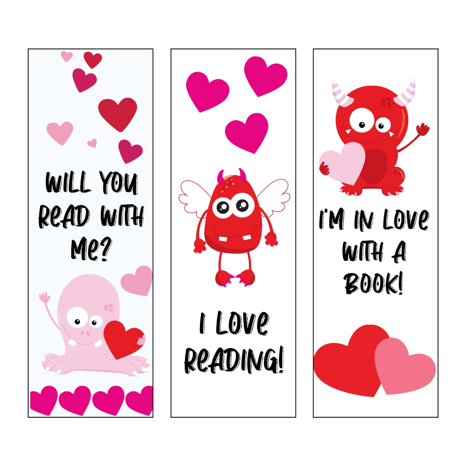 Set of 6 Valentine's Monster Bookmarks With Quotes About Reading - Book ...