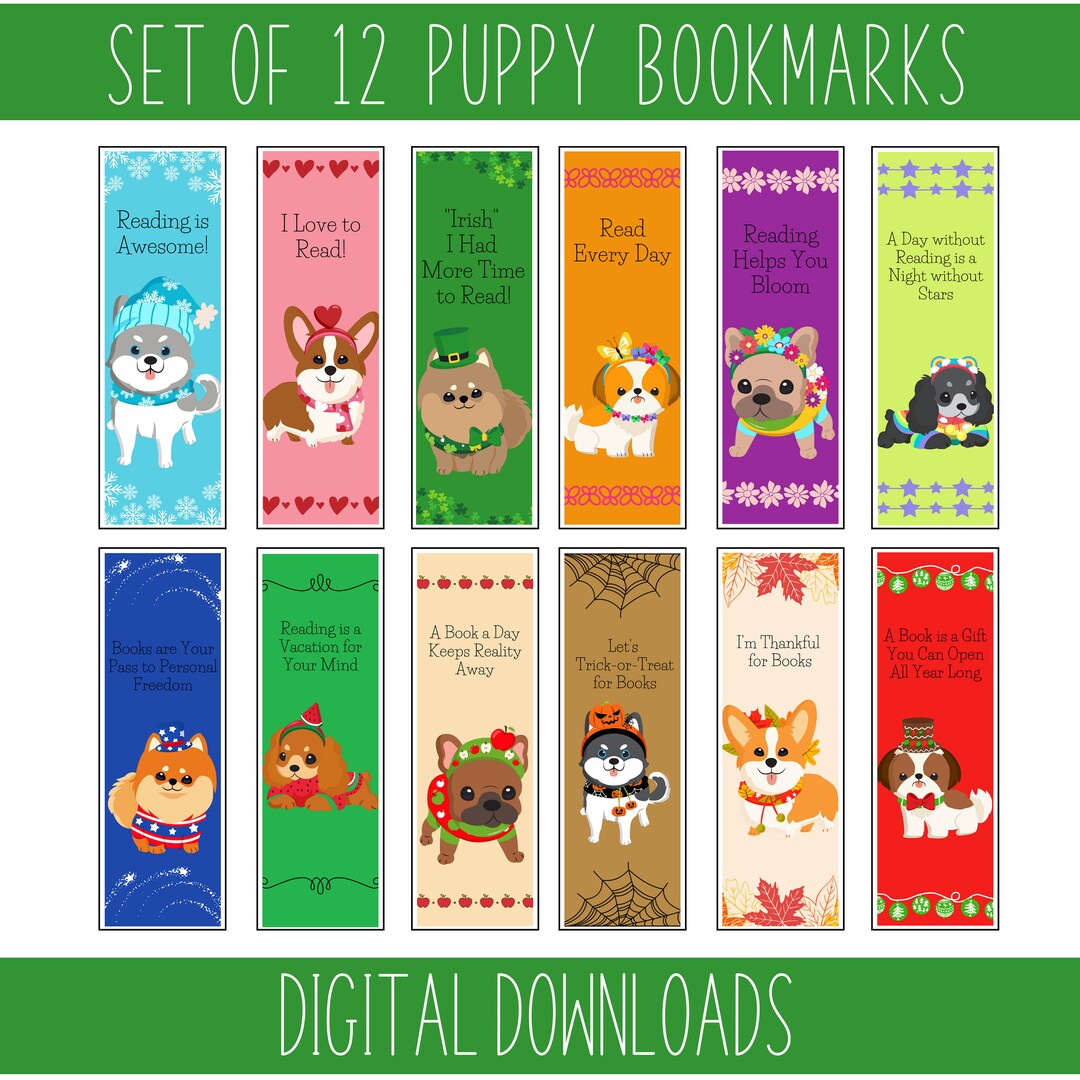 Monthly Puppy Bookmarks With Reading Quotes - Set of 12 - Digital ...