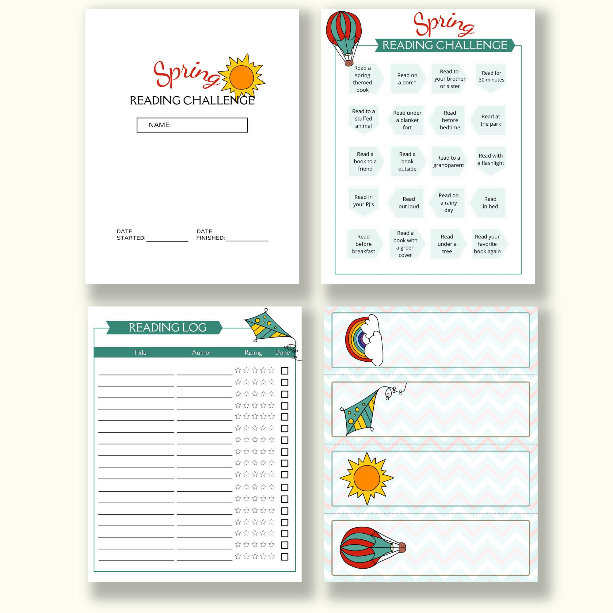 Spring Reading Challenge for Kids - Reading Log - Spring Bookmarks ...