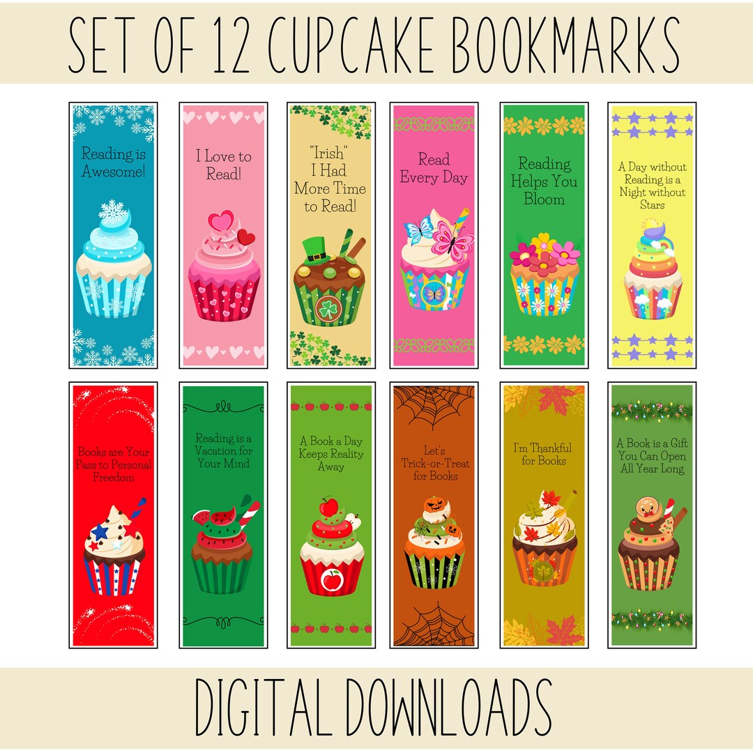 Monthly Cupcake Bookmarks With Reading Quotes Set of 12 Digital ...
