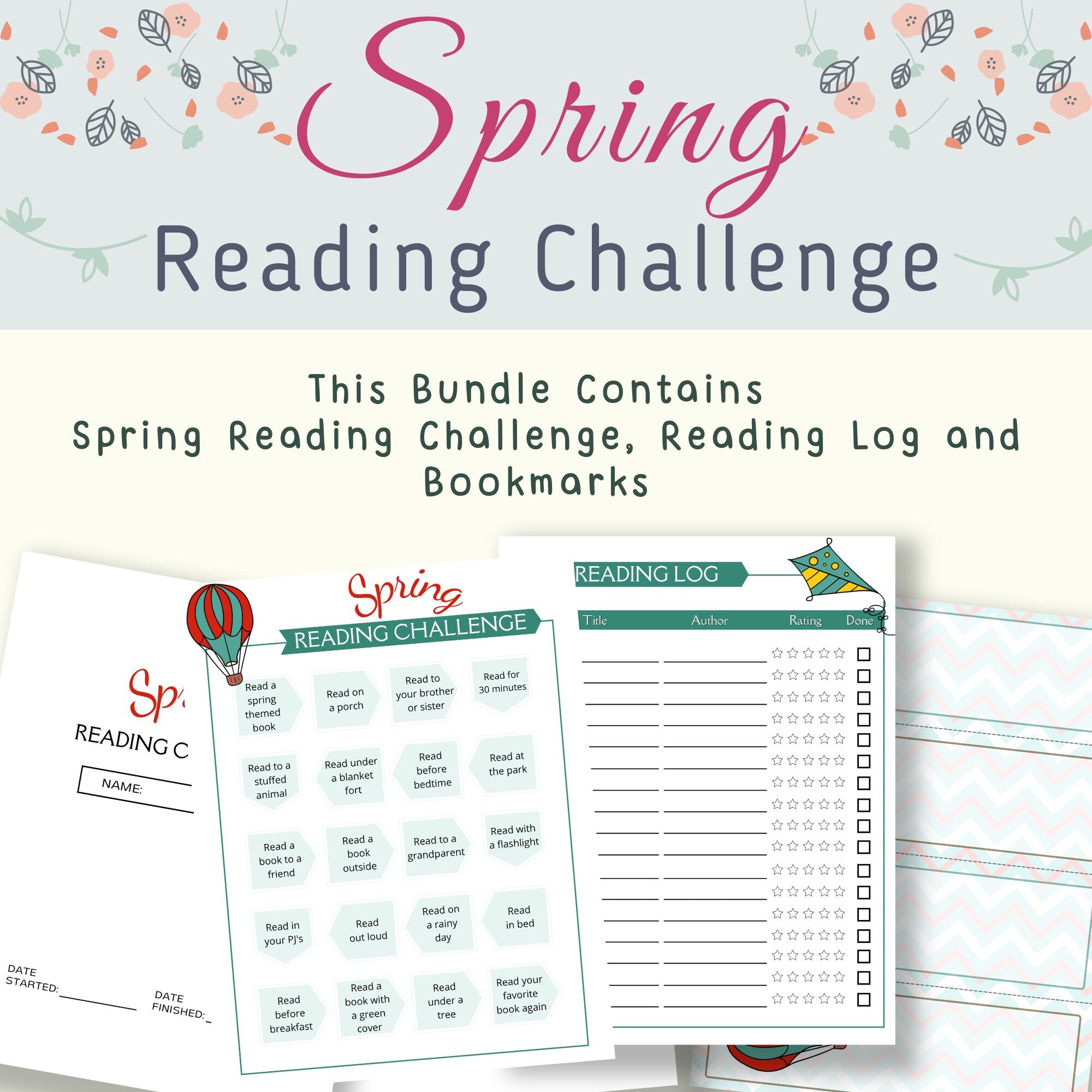 Spring Reading Challenge for Kids - Reading Log - Spring Bookmarks ...