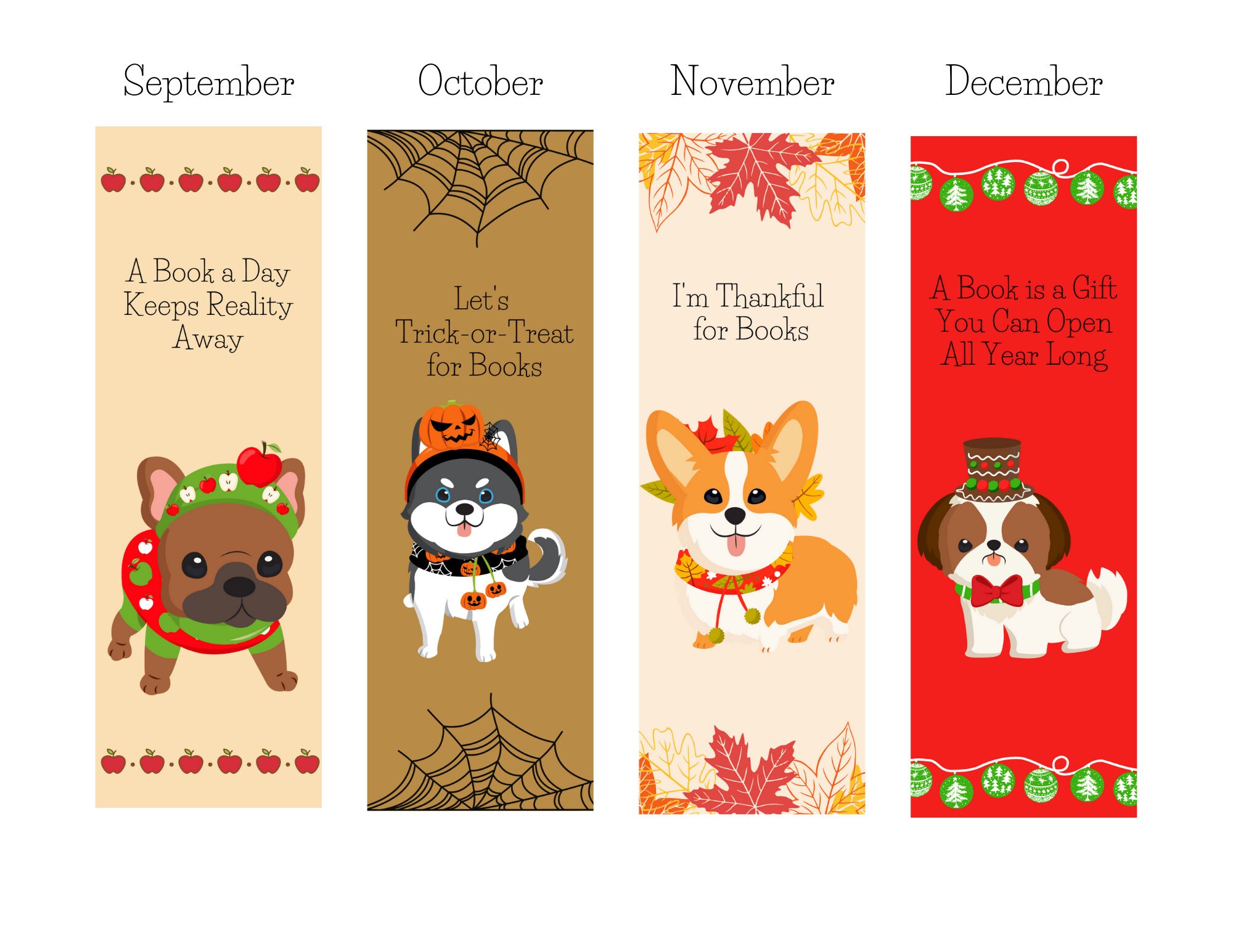 Monthly Puppy Bookmarks With Reading Quotes - Set of 12 - Digital ...