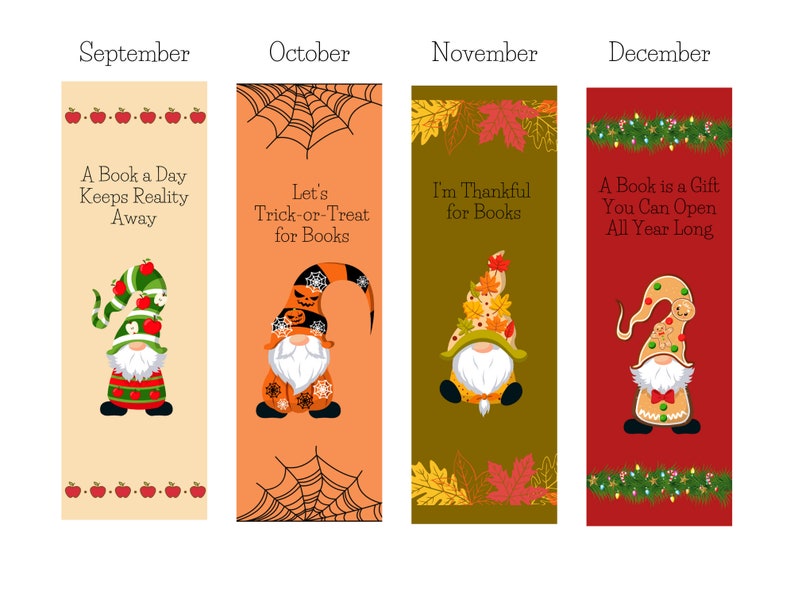 Monthly Gnome Bookmarks With Reading Quotes - Set of 12 - Digital ...