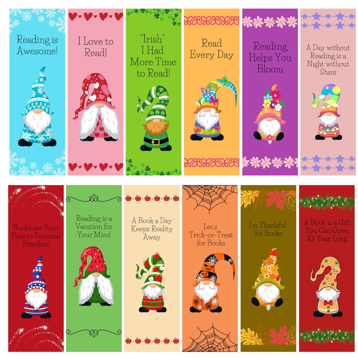 Monthly Gnome Bookmarks With Reading Quotes - Set of 12 - Digital ...