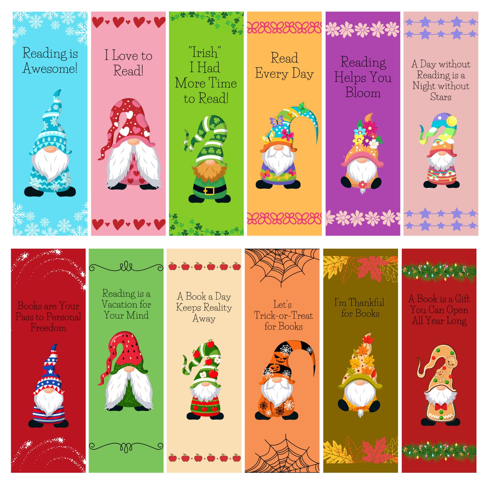 Monthly Gnome Bookmarks With Reading Quotes - Set of 12 - Digital ...