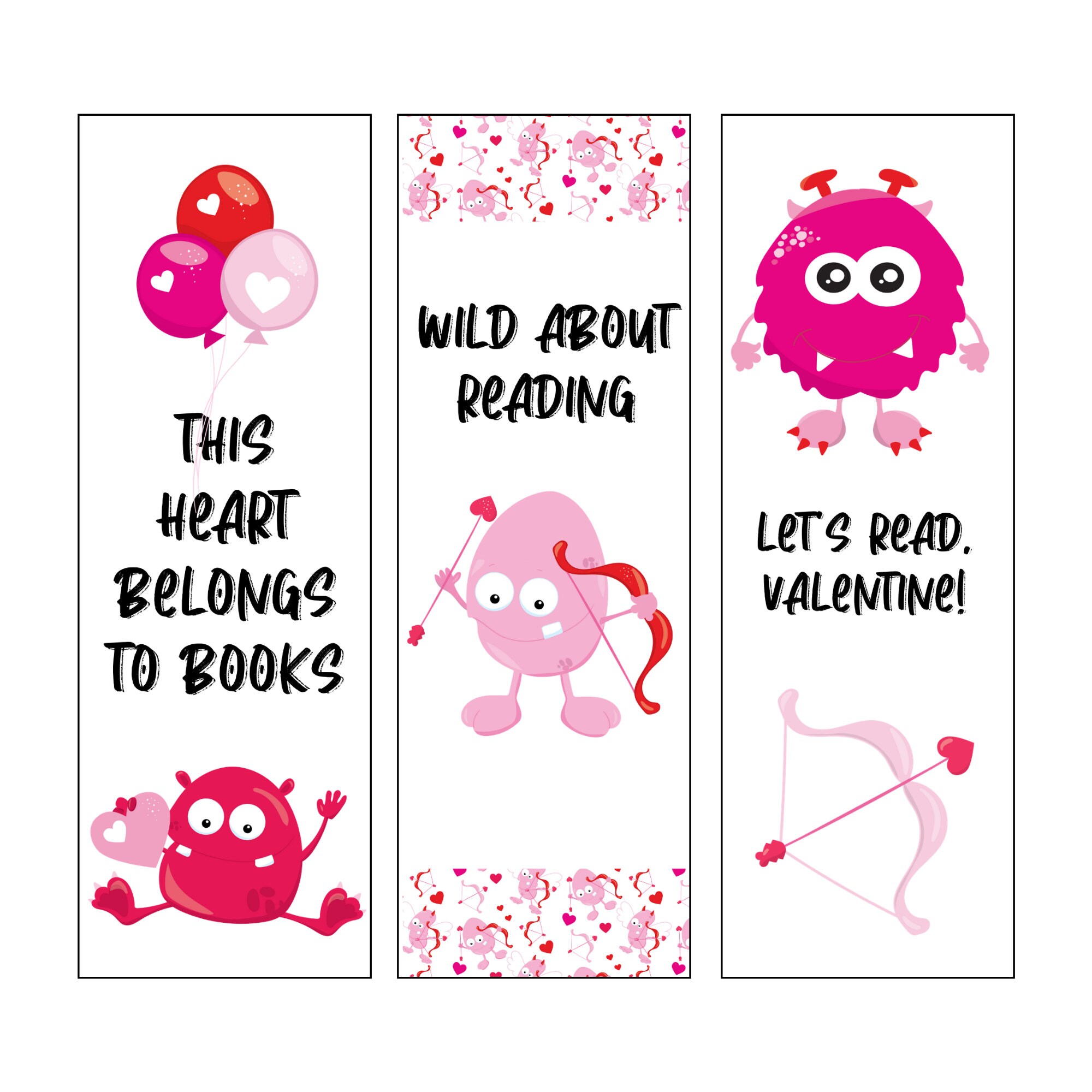 Set of 6 Valentine's Monster Bookmarks With Quotes About Reading - Book ...