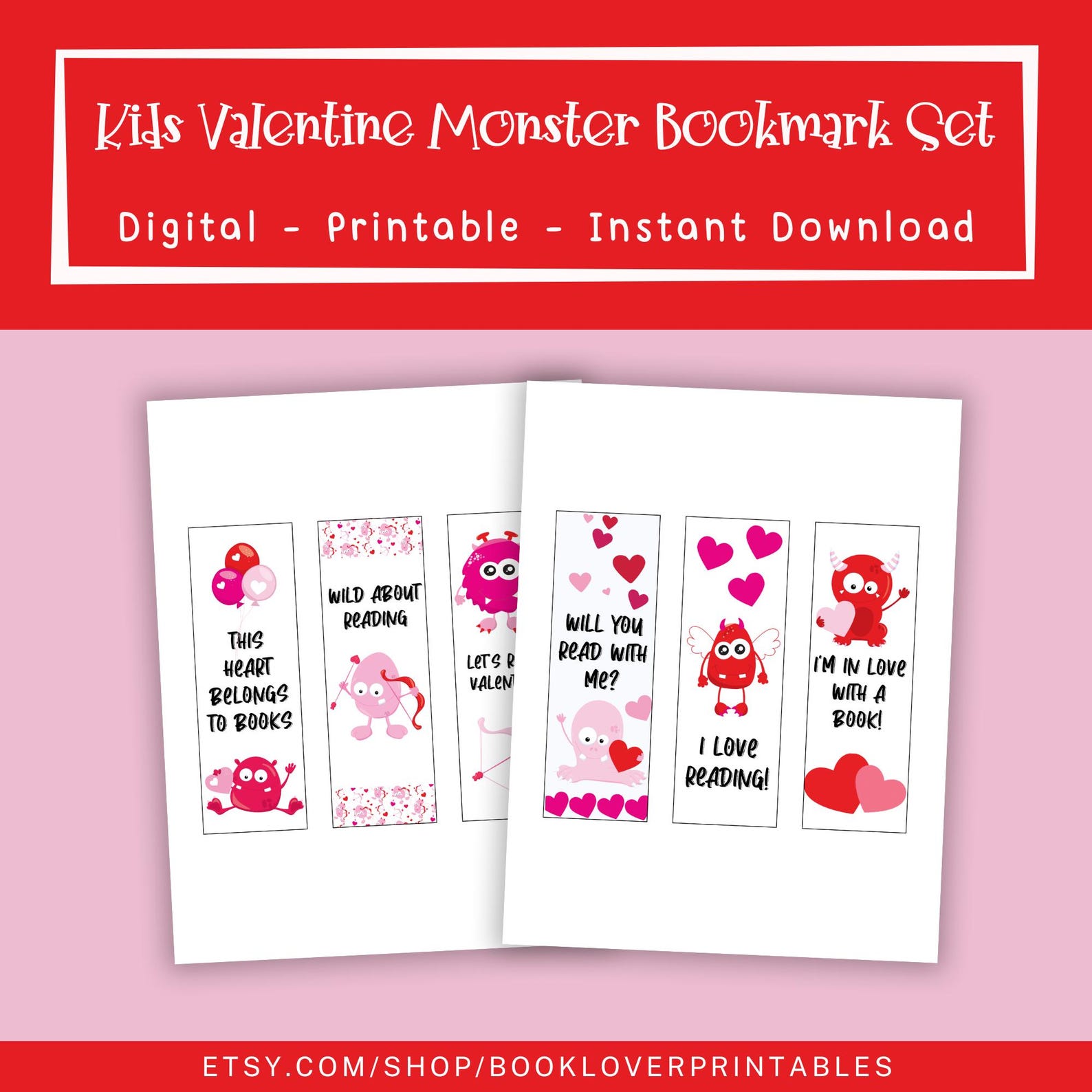 Set of 6 Valentines Monster Bookmarks With Reading Quotes Printable ...