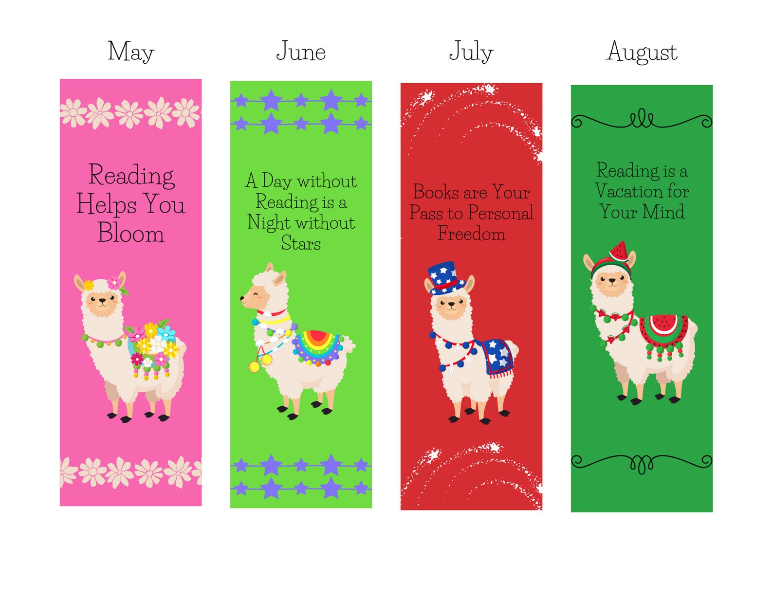 Monthly Llama Bookmarks With Reading Quotes - Set of 12 - Digital ...