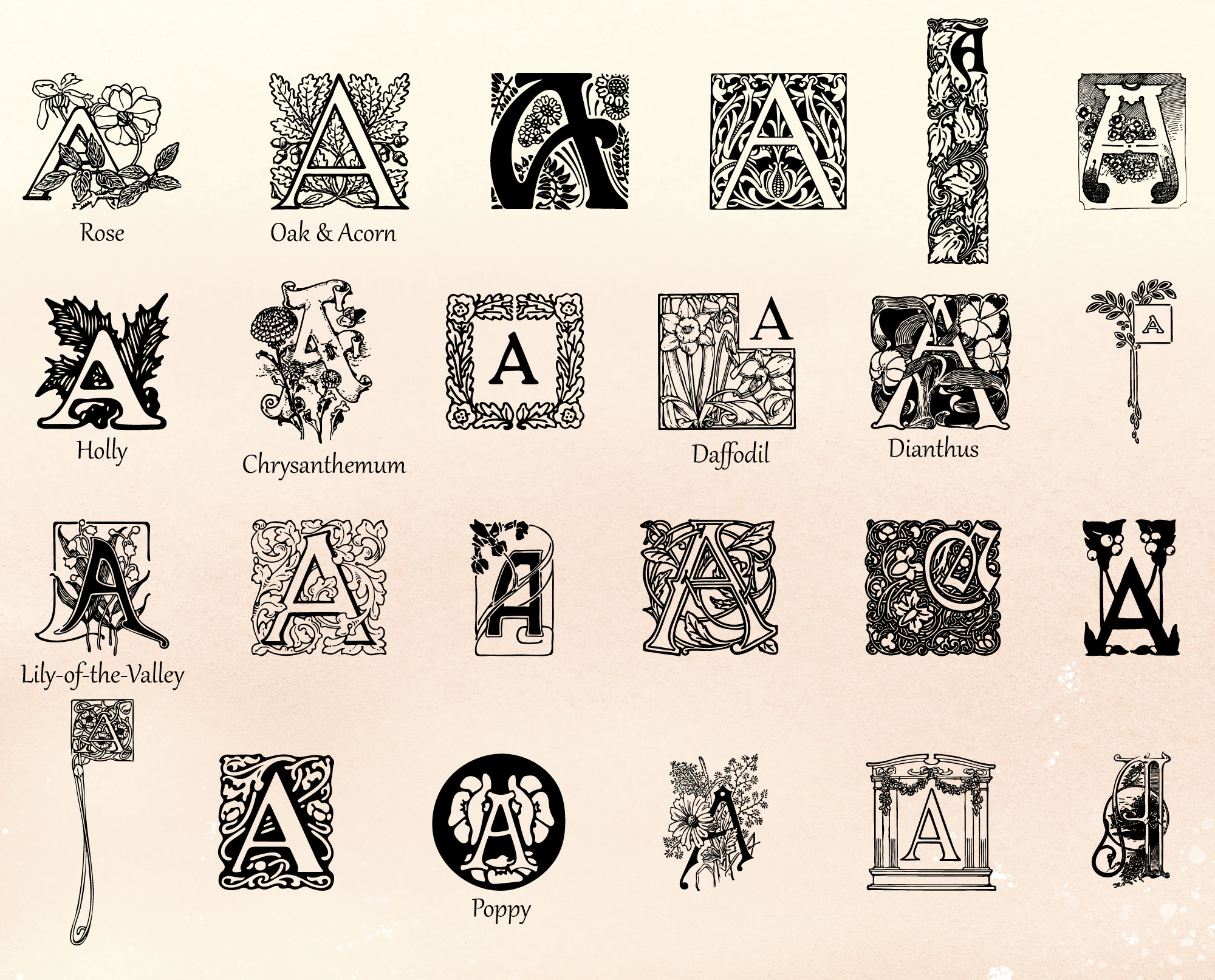 Floral Letter A Initials Set 01 Illustration Clipart - Vintage ...