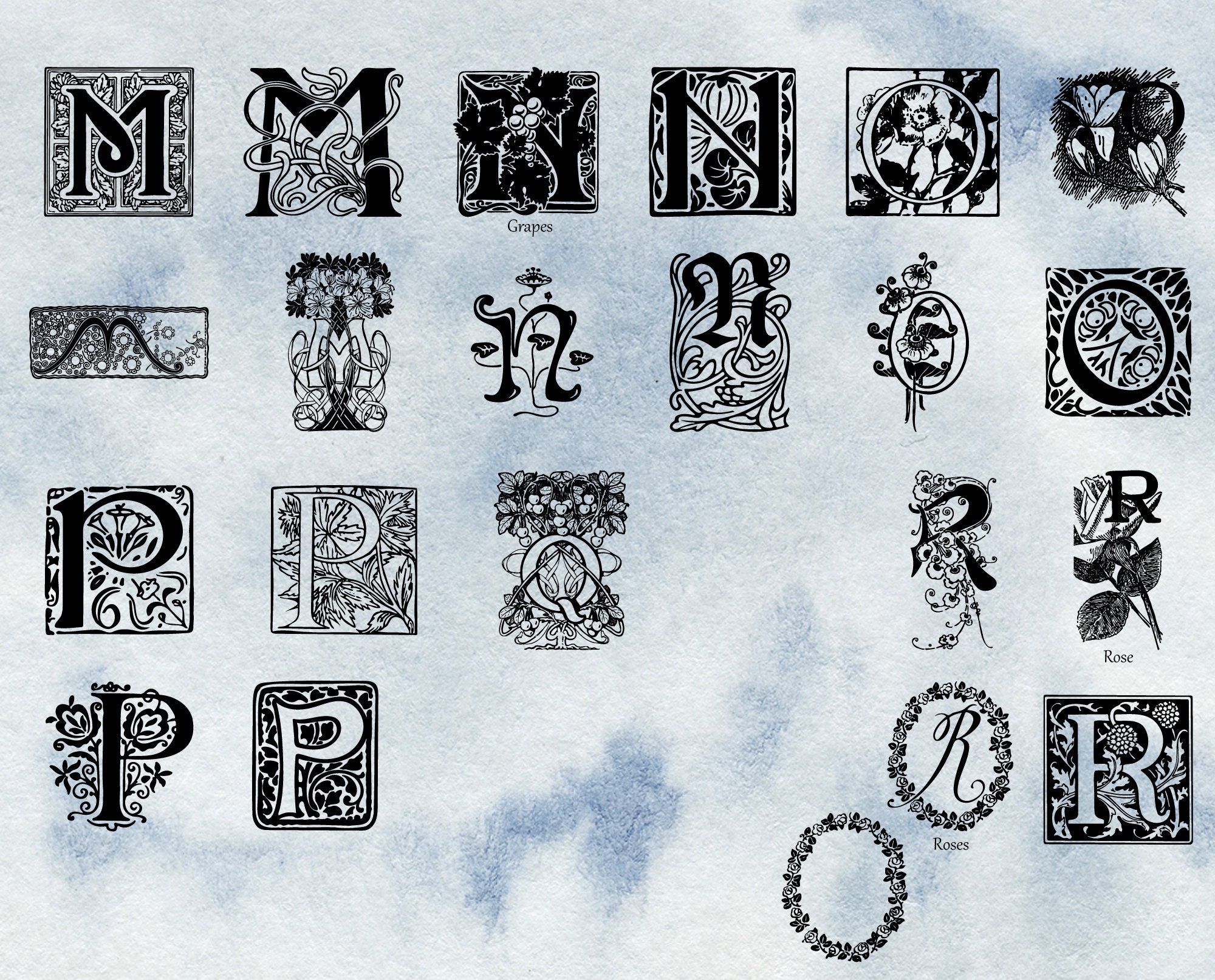 Floral Initials Set 01 Illustration Clipart Vintage Commercial Use ...