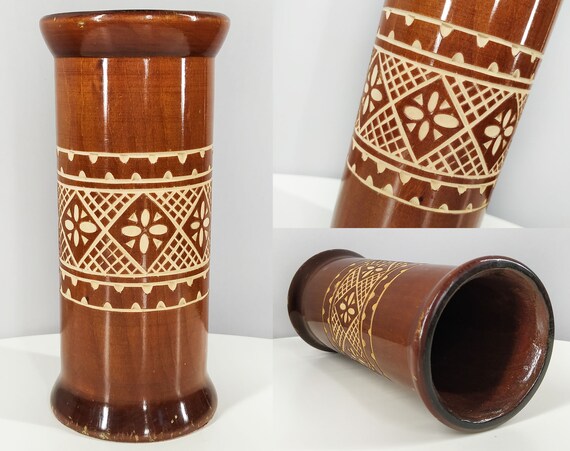 Art & Collectibles Fine Art Ceramics Rustic Wood Vase Vintage Hand ...