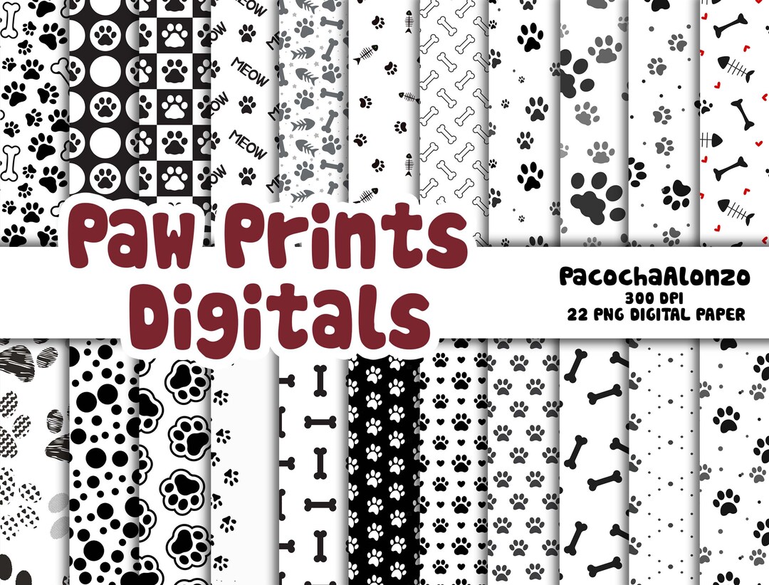 Set of 22 Pattern Paw Prints Digital Paper Pack,black and White Cat and ...
