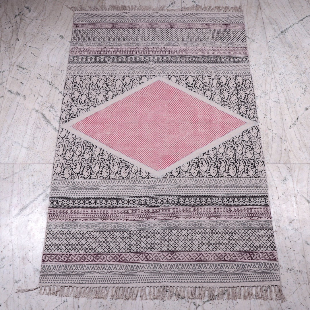 Colorful Handmade Paisley Print Cotton Rug With Intricate Block Print ...