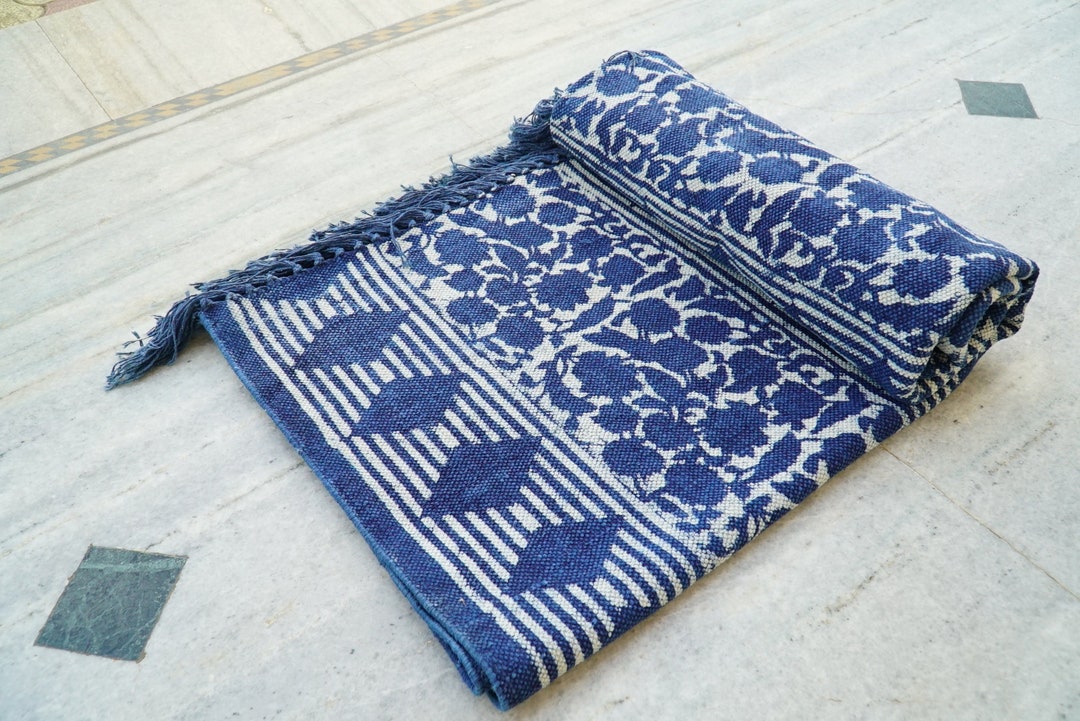 Indigo Blue Rug Cotton Rug, Large Area Rug Block Printed Rug Floor ...