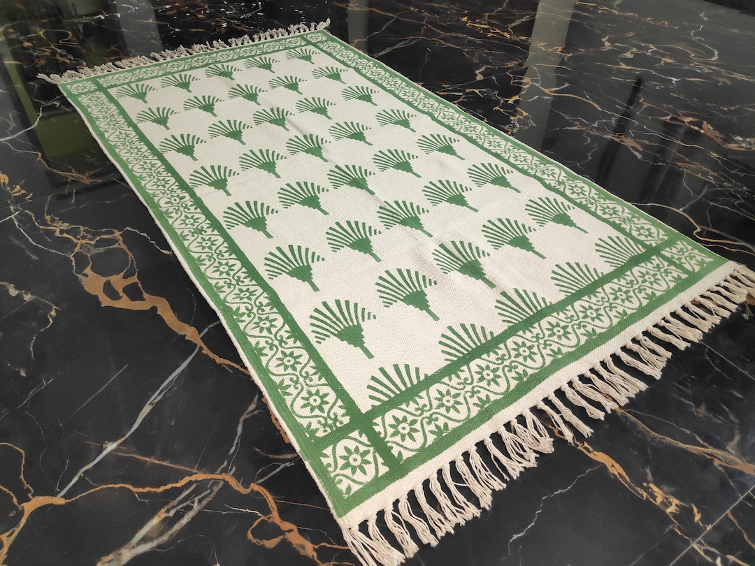 3x5 Ft Rug, Hand Block Print Cotton Green Rug, Area Rug 3x5, Small Area ...