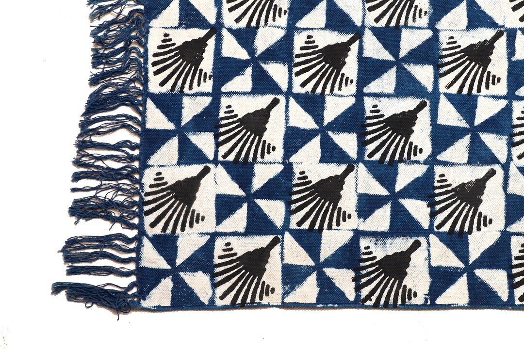 Beautiful Natural Indigo Color Block Printed Organic Cotton Rug, Hand ...