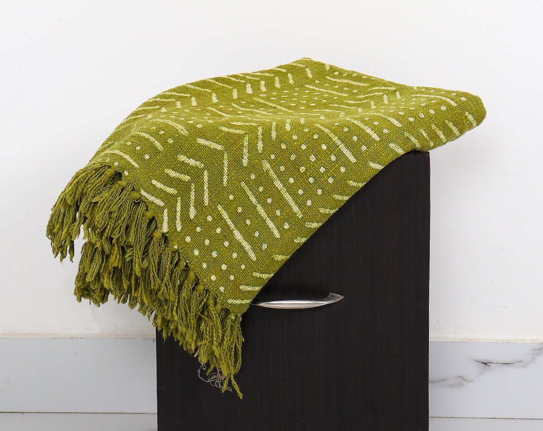 Organic Block Print Green Cotton Throw, Olive Green Throw, African ...