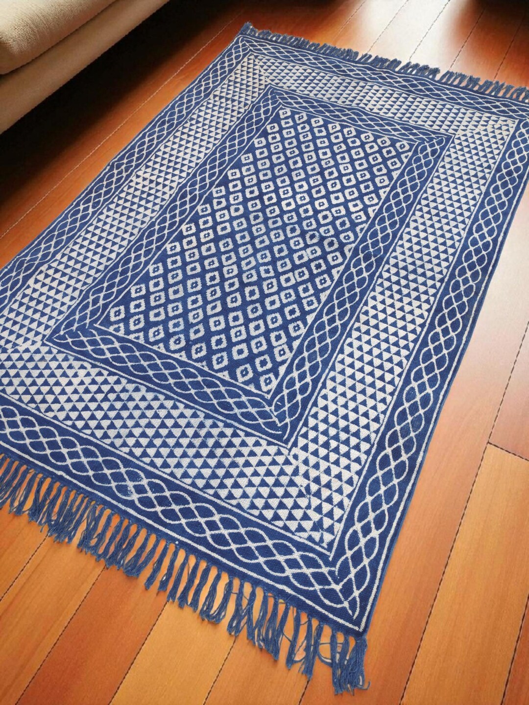 Indigo Blue Rug Cotton Rug, Large Area Rug Block Printed Rug Floor ...