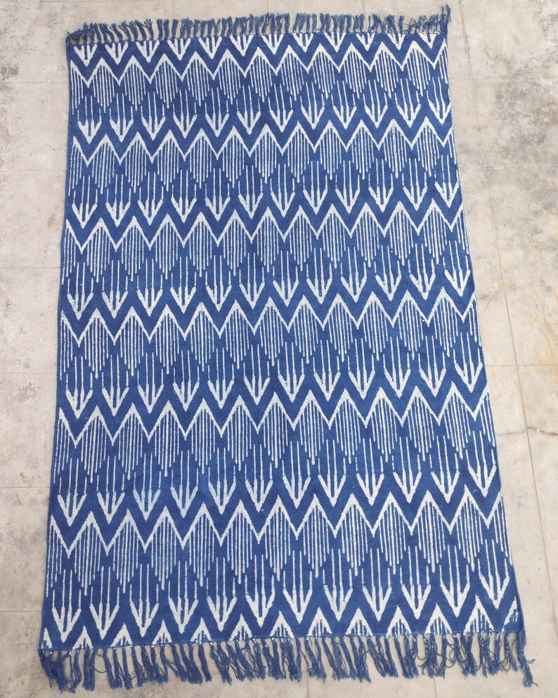 Blue Indigo Block Printed Cotton Area Rug Hand Woven Blue - Etsy