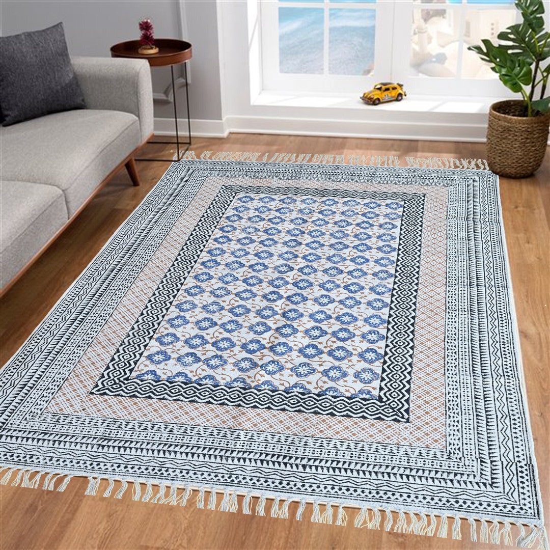 Block Printed Cotton Rug Indian Cotton Rug Large Rug Bohemian Rug ...