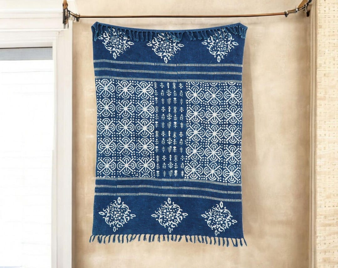 Duty Free Indigo Cotton Throw Blanket: Hand Block Print Floral Design ...