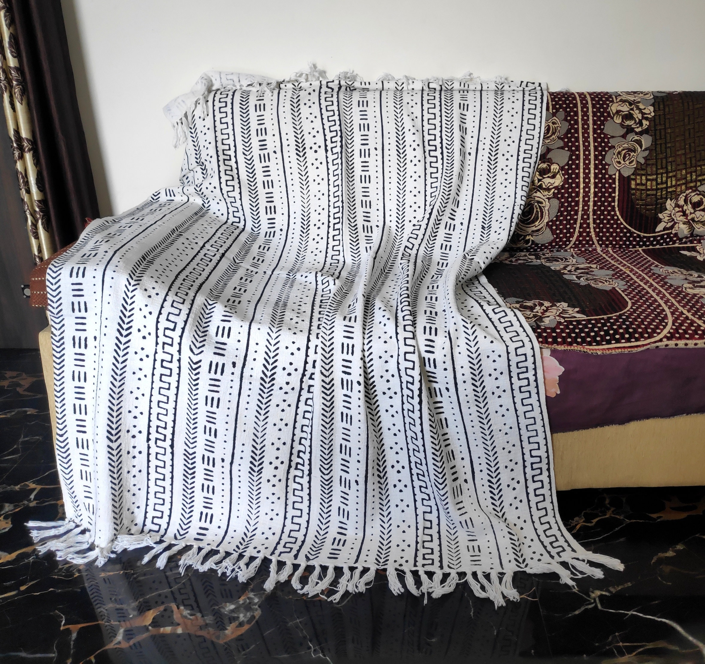 Black and White Throw Blanket Block Printed Cotton Throw - Etsy