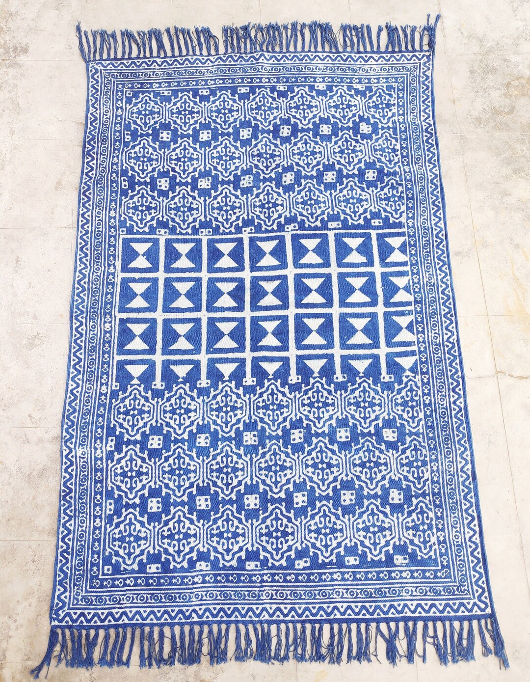 Block Printed Cotton Indigo Rug/ Boho Rug Blue/ Traditional Rugs ...