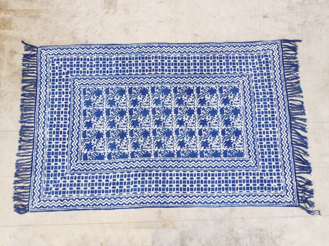 Natural Indigo Hand Block Print Cotton Rug, Indoor Outdoor Rug, Rugs ...