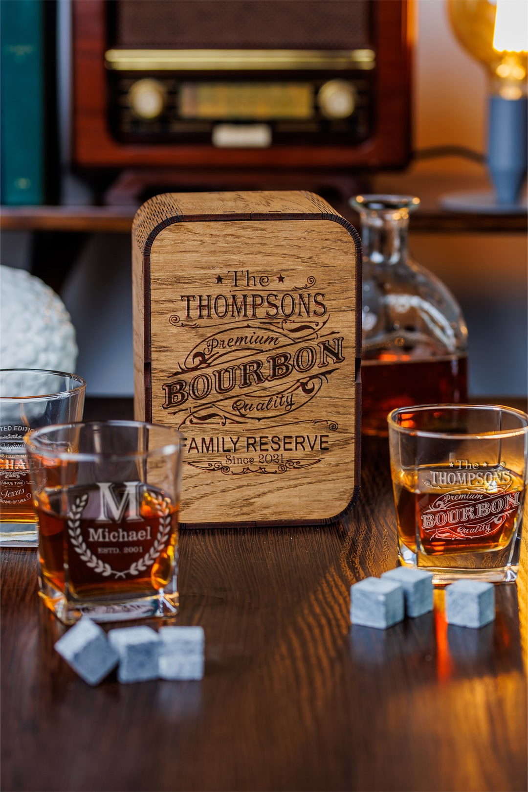 Engraved Bourbon Whiskey Gift Set: Personalized Oak Box, Glass & Stones ...