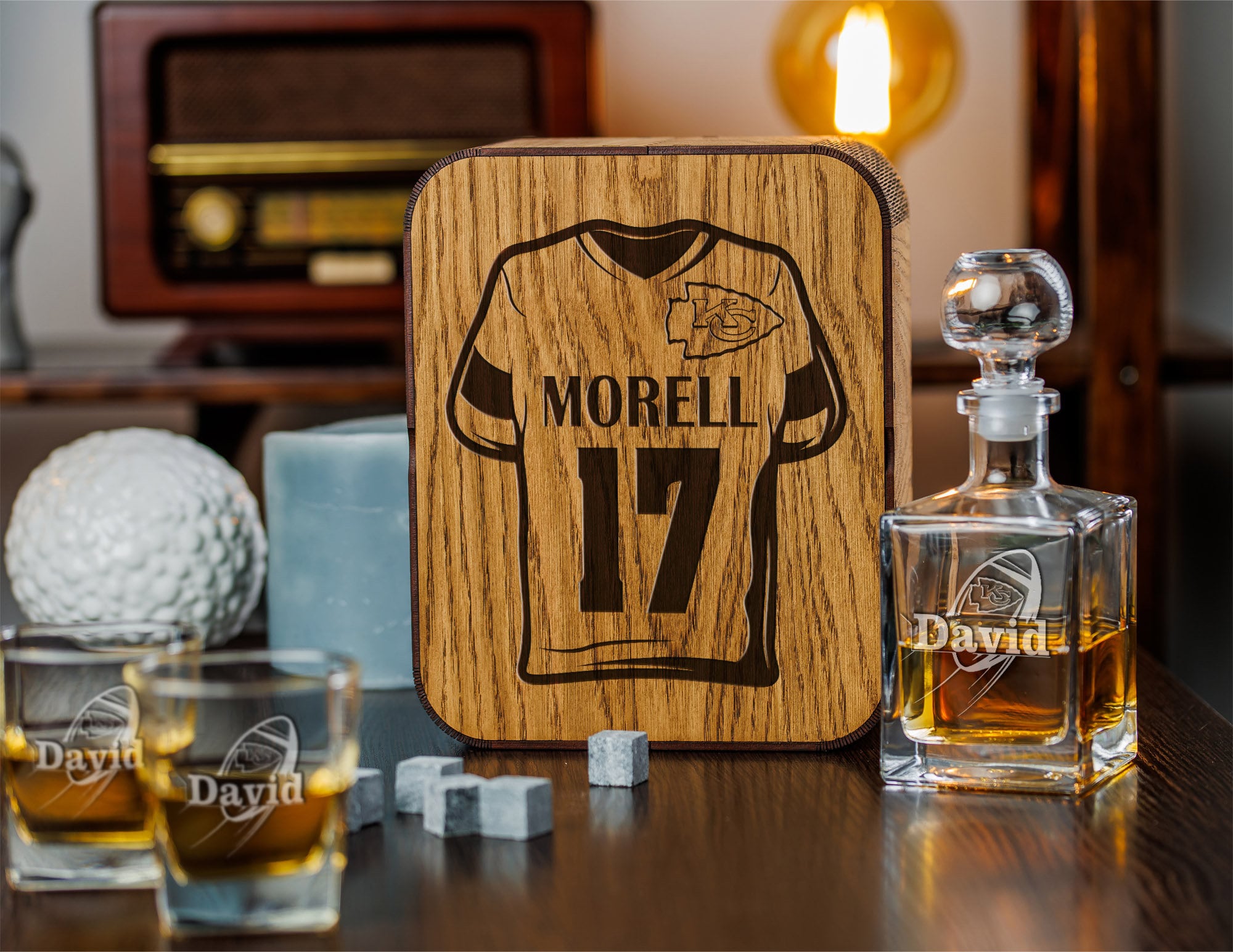 Personalized Football Decanter Set: Whiskey Glasses, Oak Box, Bourbon ...