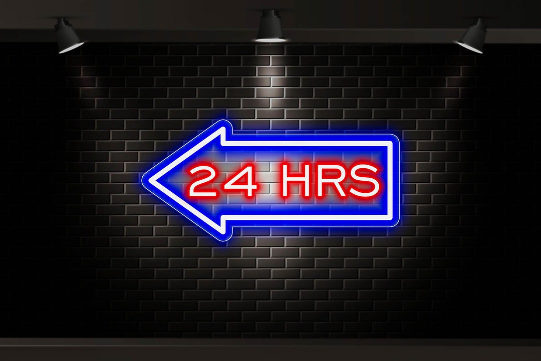 Horizontal 24HRS Open Neon Sign With Arrow for Business, 24h Outdoor ...